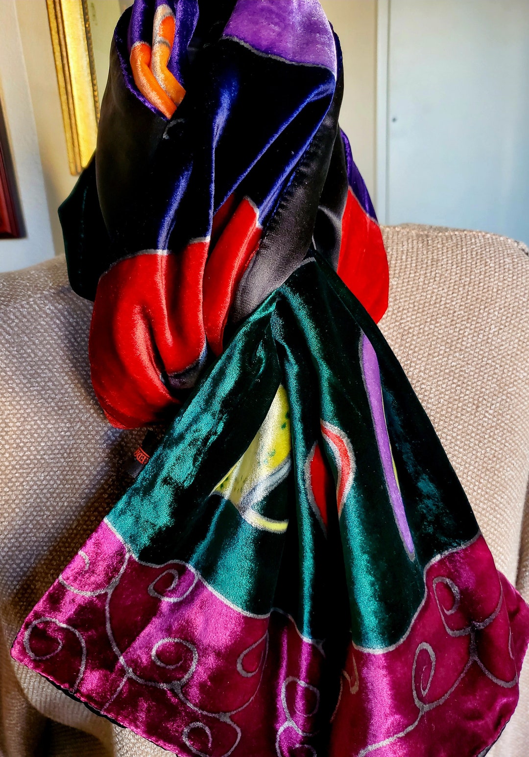 Redfish DESIGNS Velvet Silk Mix Scarf / 13 X 60 Oblong / Multi Shades ...