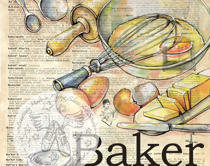 PRINT: Baker Mixed Media Drawing on Antique Dictionary - Etsy