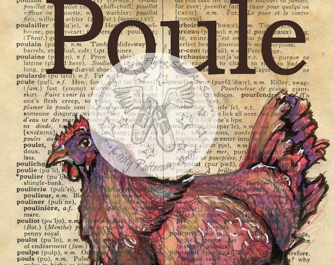 Print: Poule french Chicken Mixed Media Drawing on Antique | Etsy