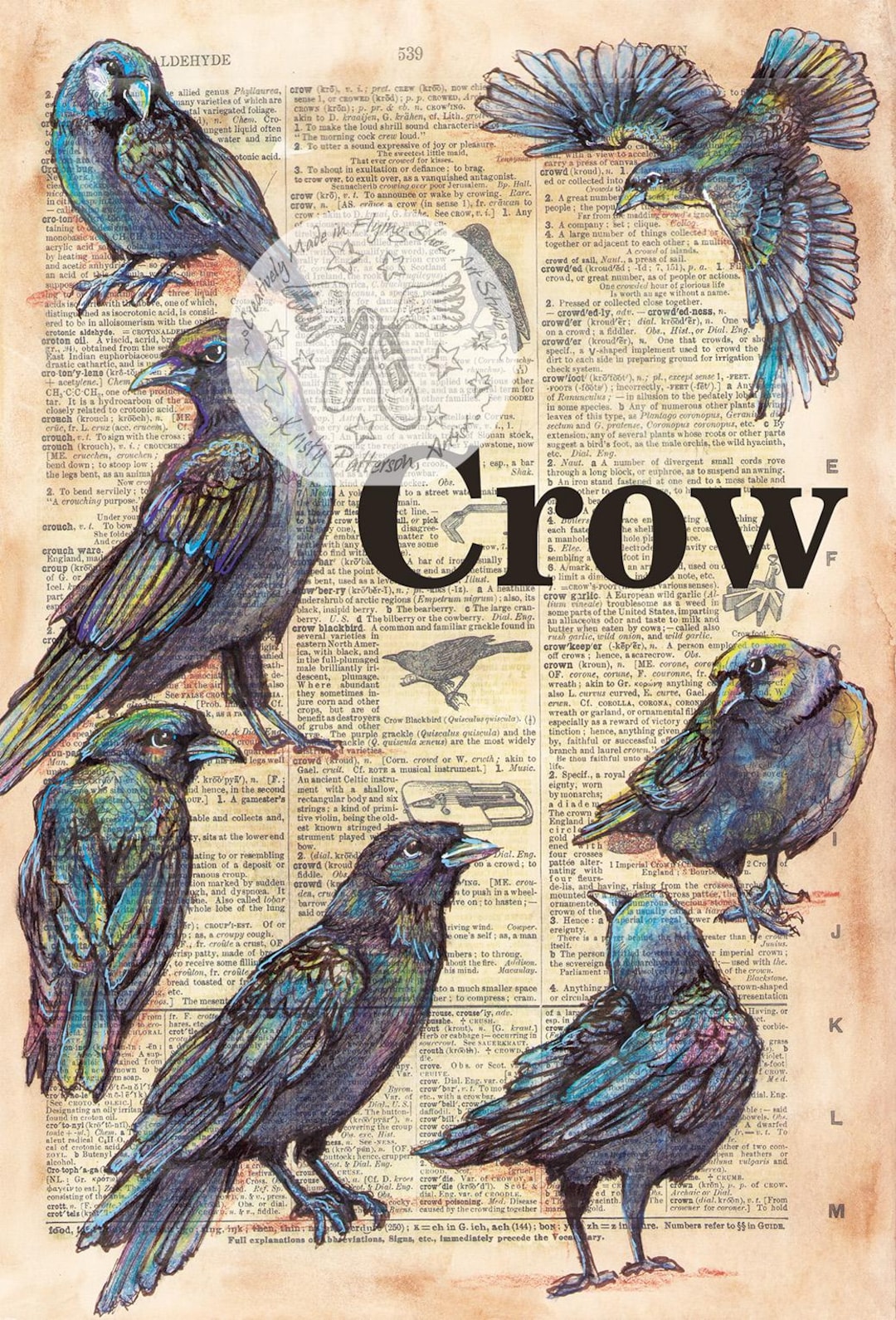 PRINT: Crows Mixed Media Drawing on Antique Dictionary Page - Etsy