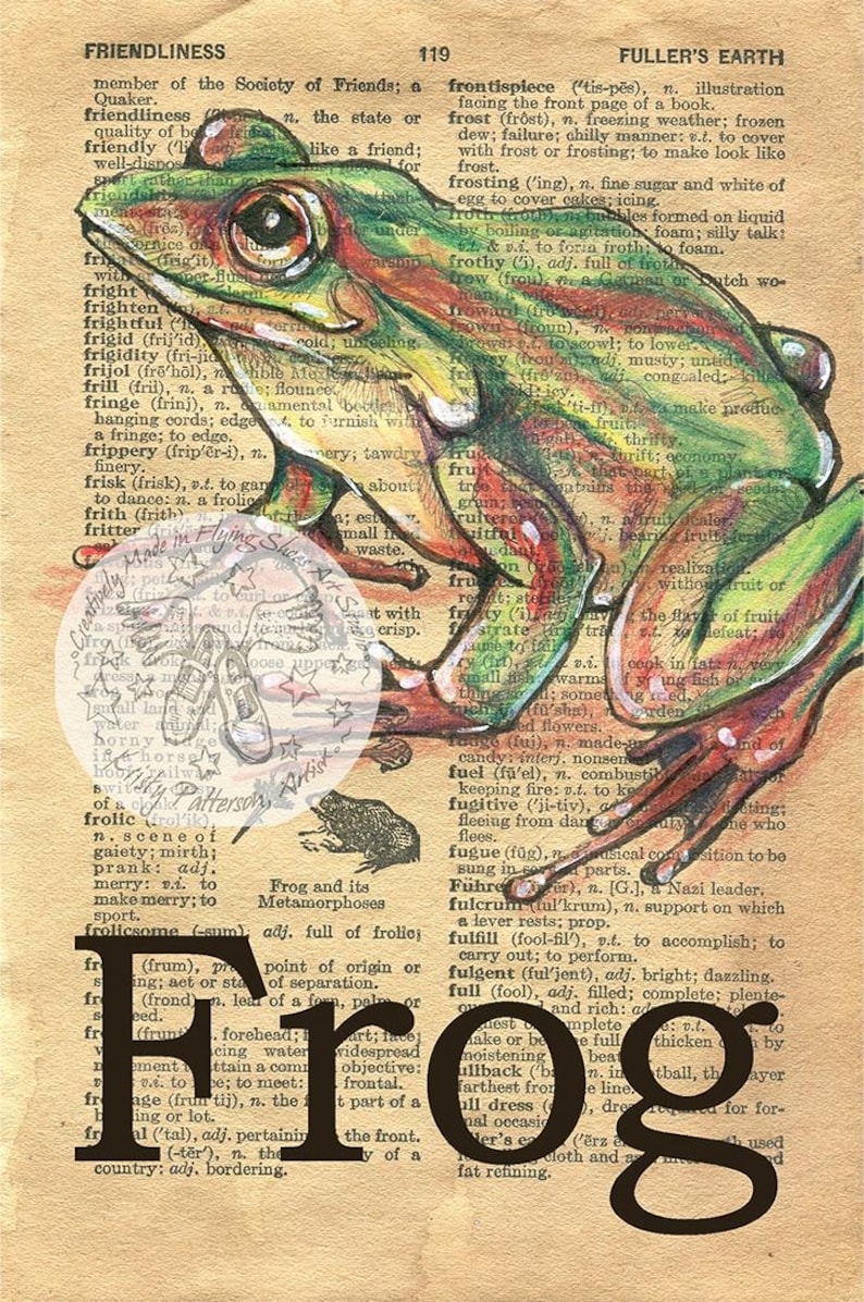 PRINT SALE: Frog Mixed Media Drawing on Antique Dictionary Page - Etsy