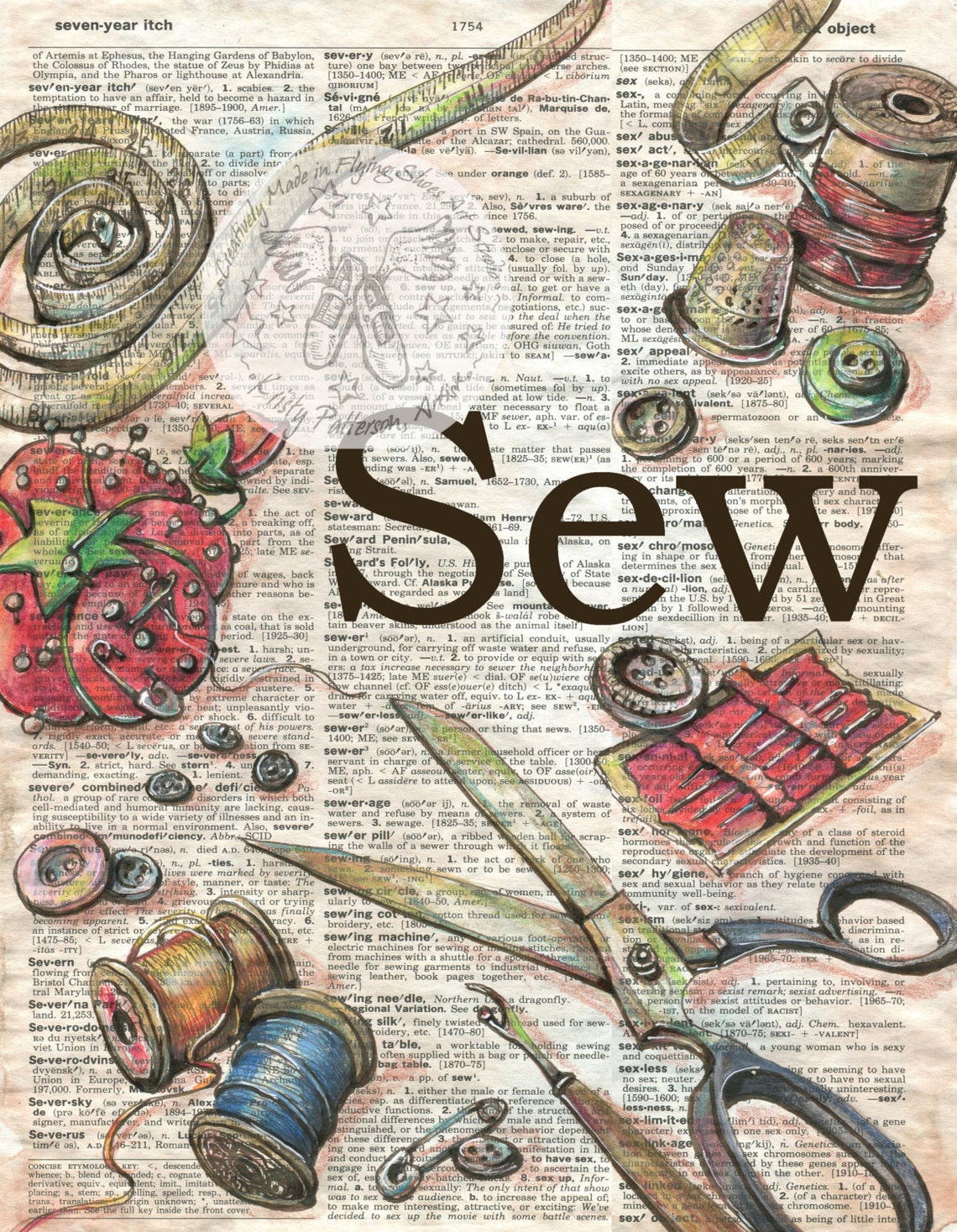 PRINT: Sewing Tools Mixed Media Drawing on Distressed, Dictionary Page ...