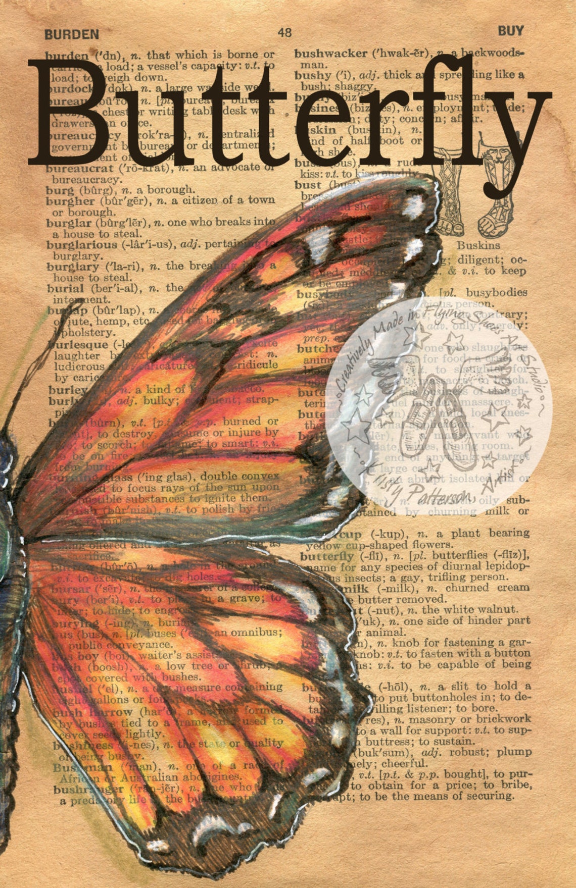 PRINT: Butterfly Mixed Media Drawing on Dictionary Page - Etsy