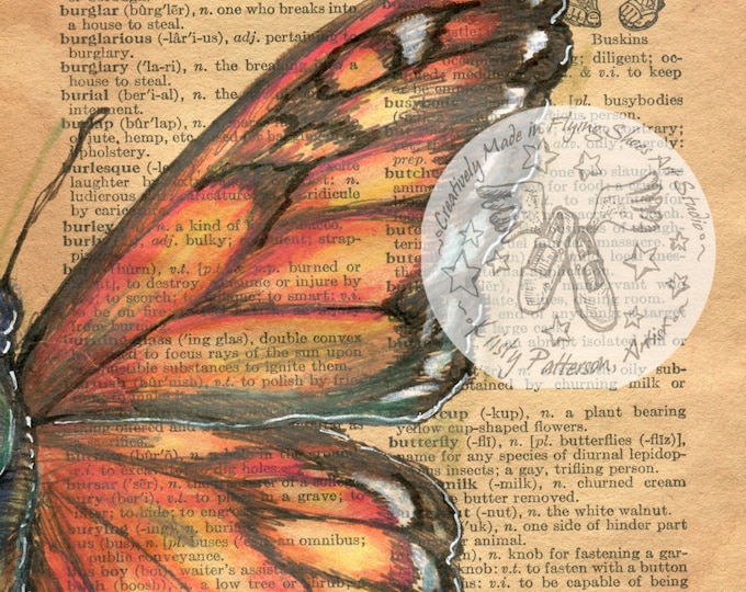 PRINT: Butterfly Mixed Media Drawing on Dictionary Page - Etsy