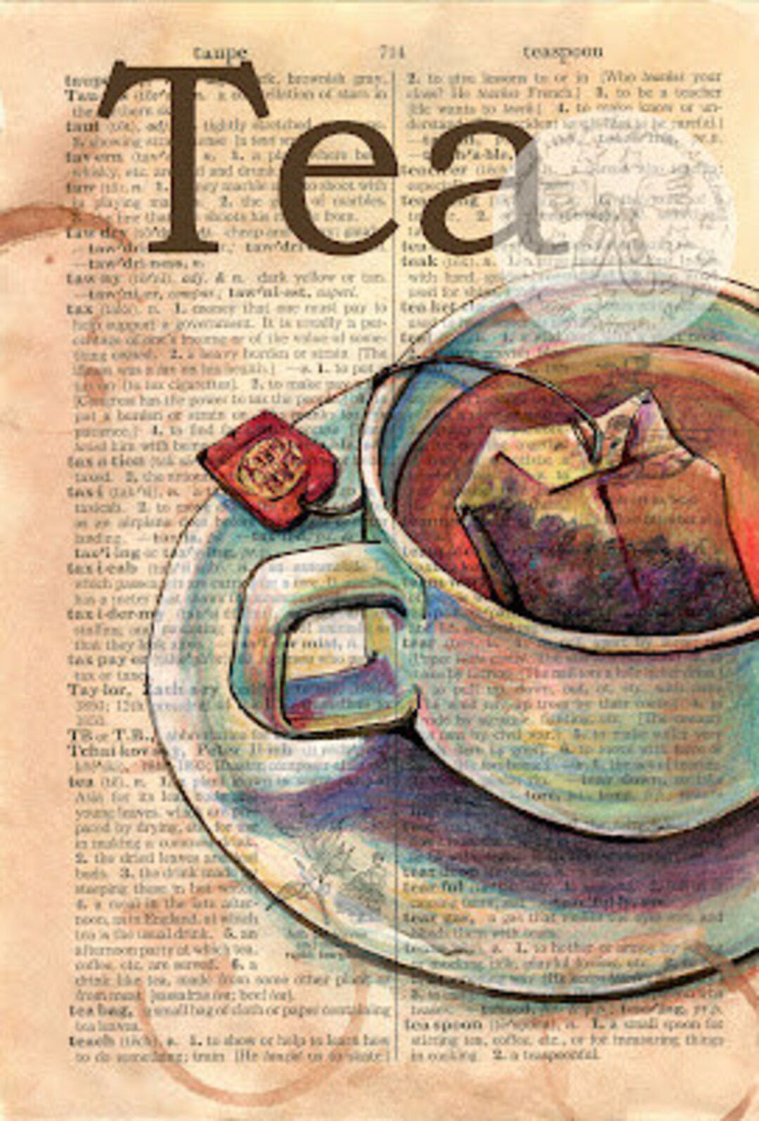 PRINT: Tea Mixed Media Drawing on Distressed, Dictionary Page - Etsy
