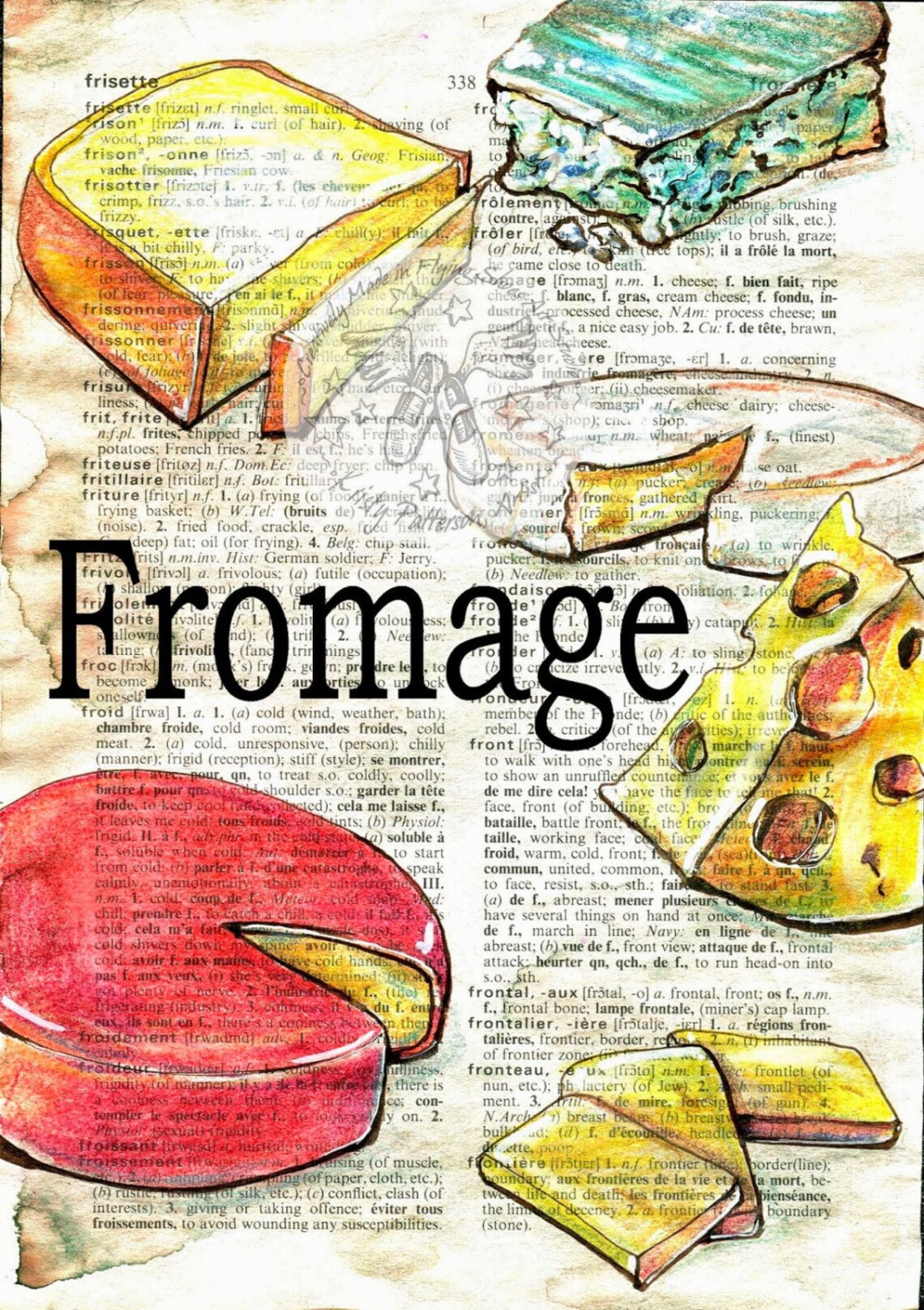 PRINT: Fromage (french Cheese) Mixed Media Drawing on Distressed ...