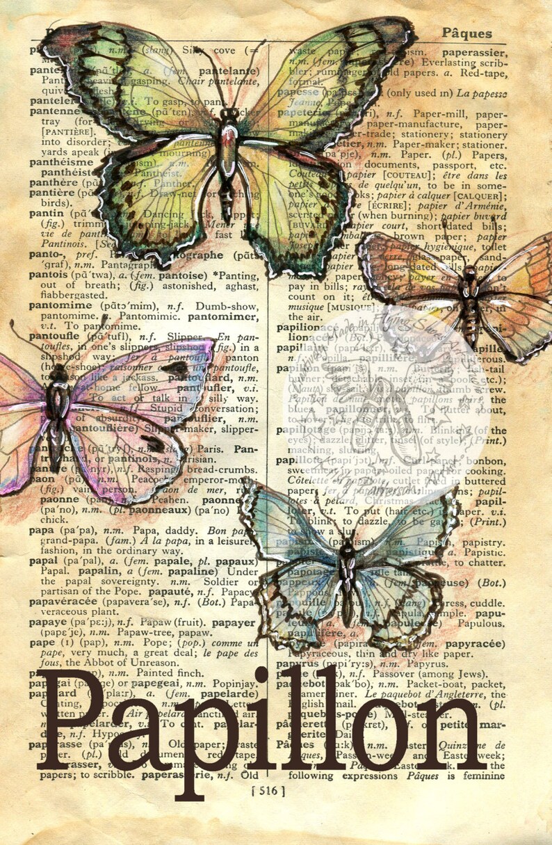 PRINT: Papillon Mixed Media Drawing on French/english Dictionary - Etsy
