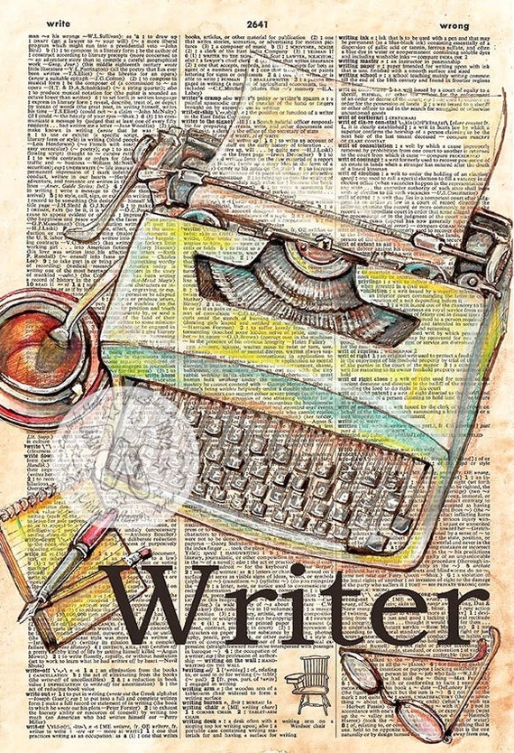 PRINT: Writer Mixed Media Drawing on Distressed Dictionary - Etsy