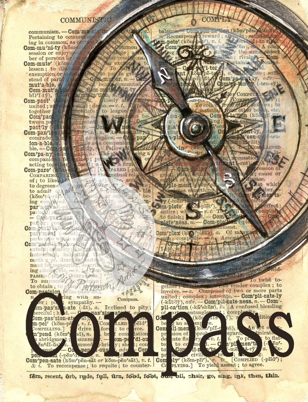 PRINT: Compass Mixed Media Drawing on Dictionary Page - Etsy