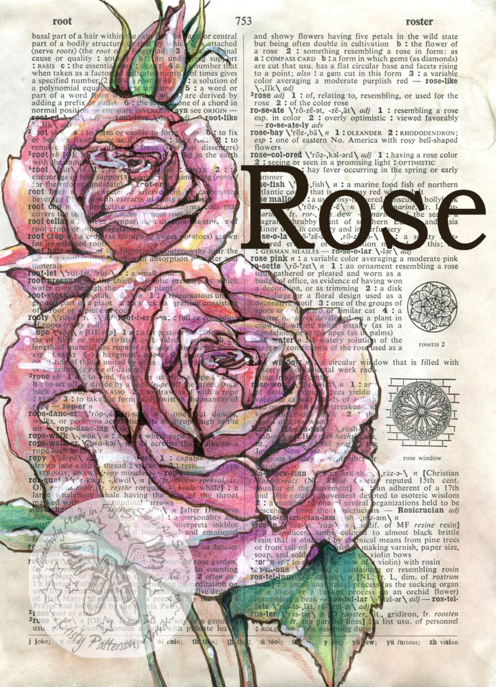 PRINT: Rose Mixed Media Drawing on Distressed, Dictionary Page - Etsy