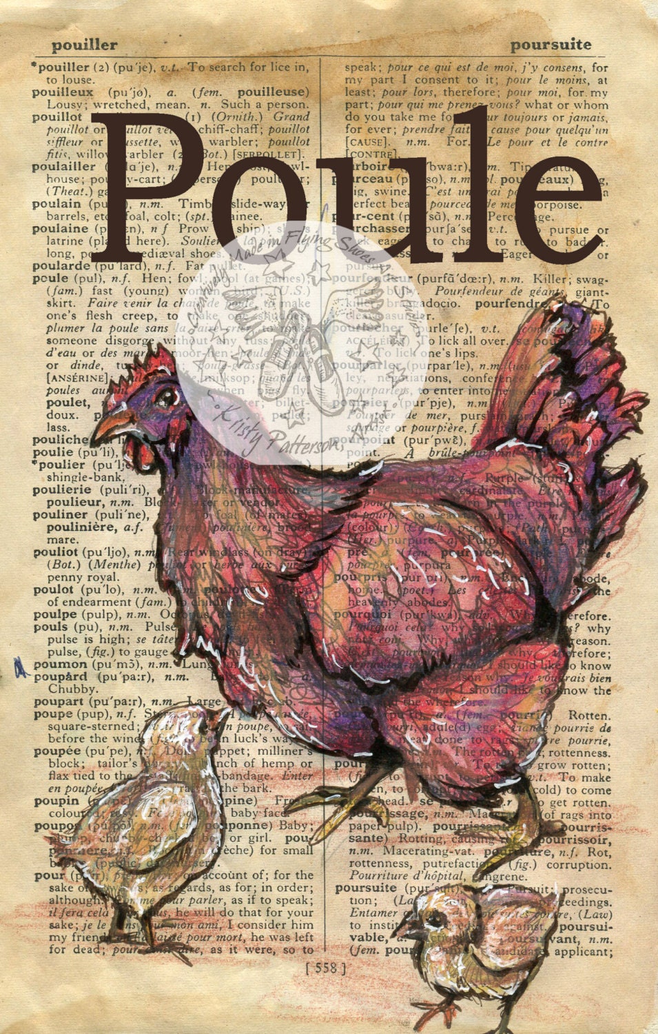 Print: Poule (french Chicken) Mixed Media Drawing on Antique Dictionary ...