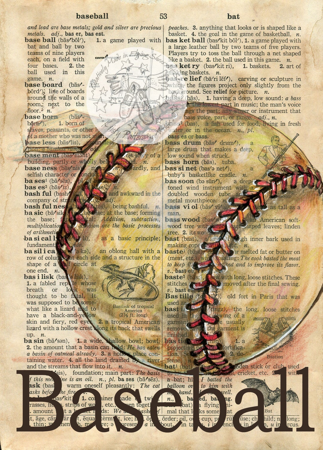 PRINT: Baseball Mixed Media Drawing on Antique Dictionary - Etsy