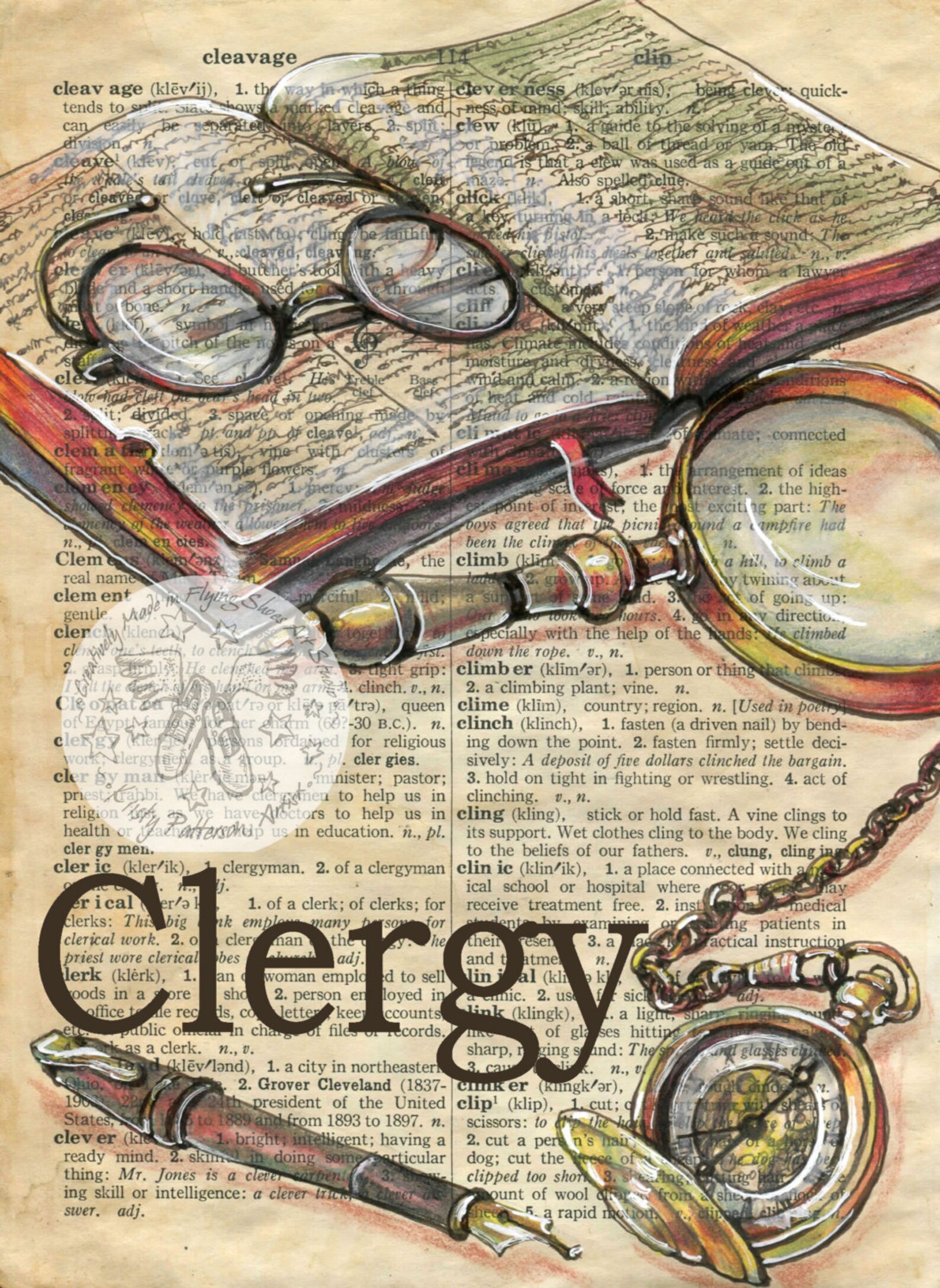 PRINT: Clergy Mixed Media Drawing on Antique Dictionary - Etsy
