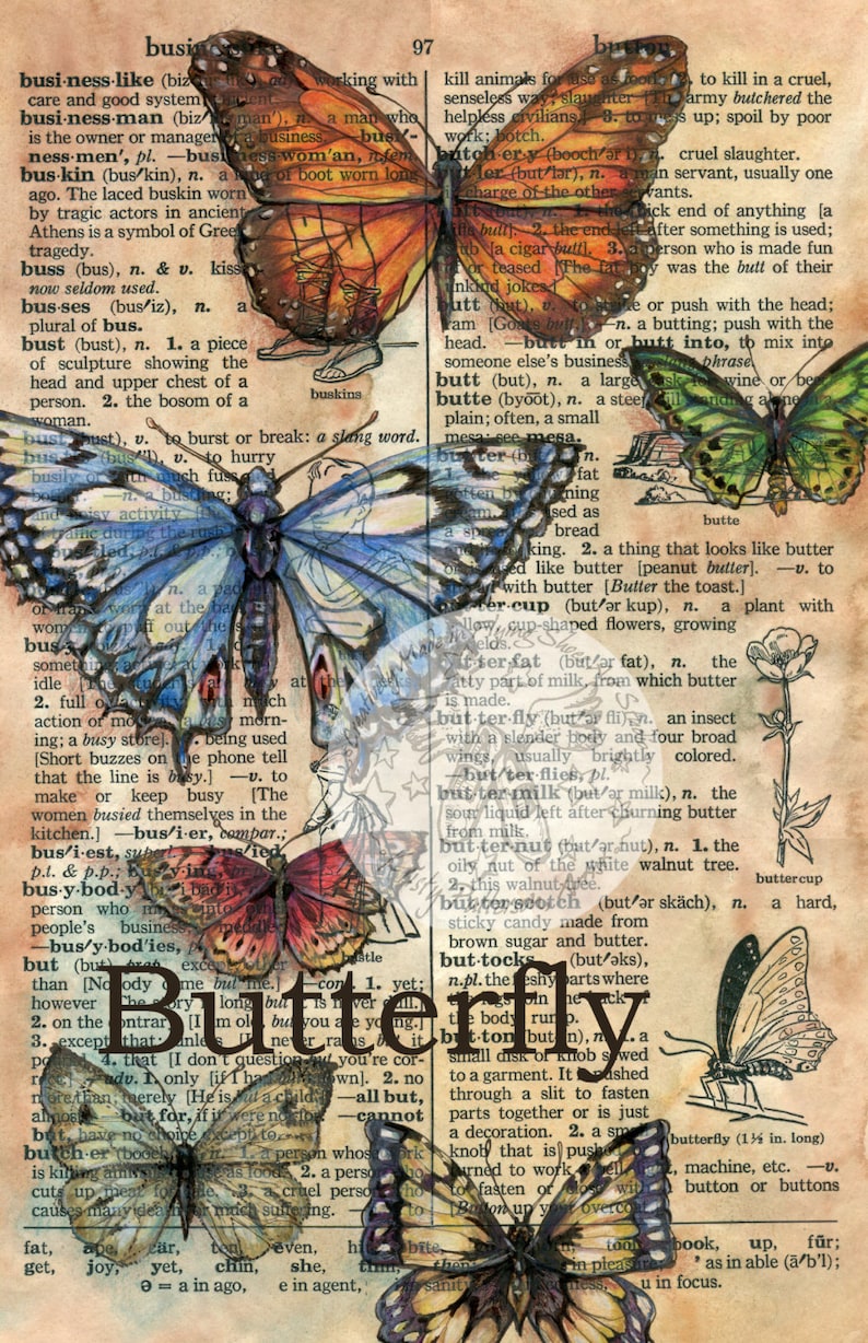 PRINT: Butterflies Mixed Media Drawing on Distressed Parchment - Etsy