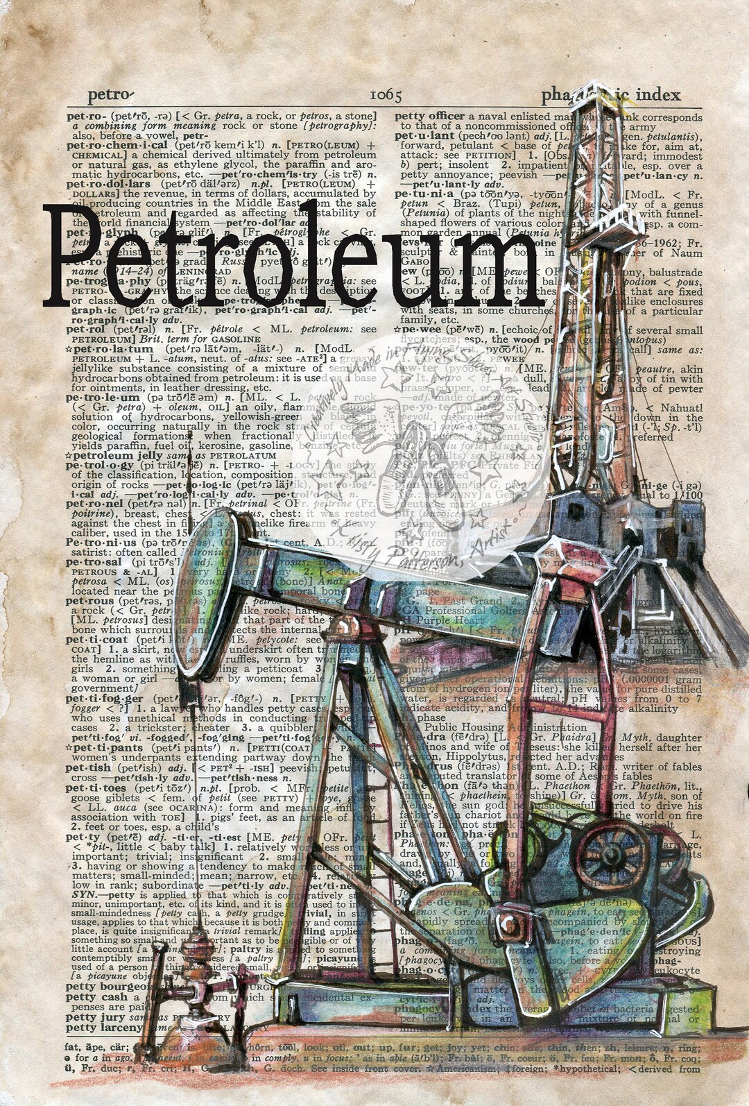 PRINT: Petroleum Mixed Media Drawing on Antique Dictionary - Etsy