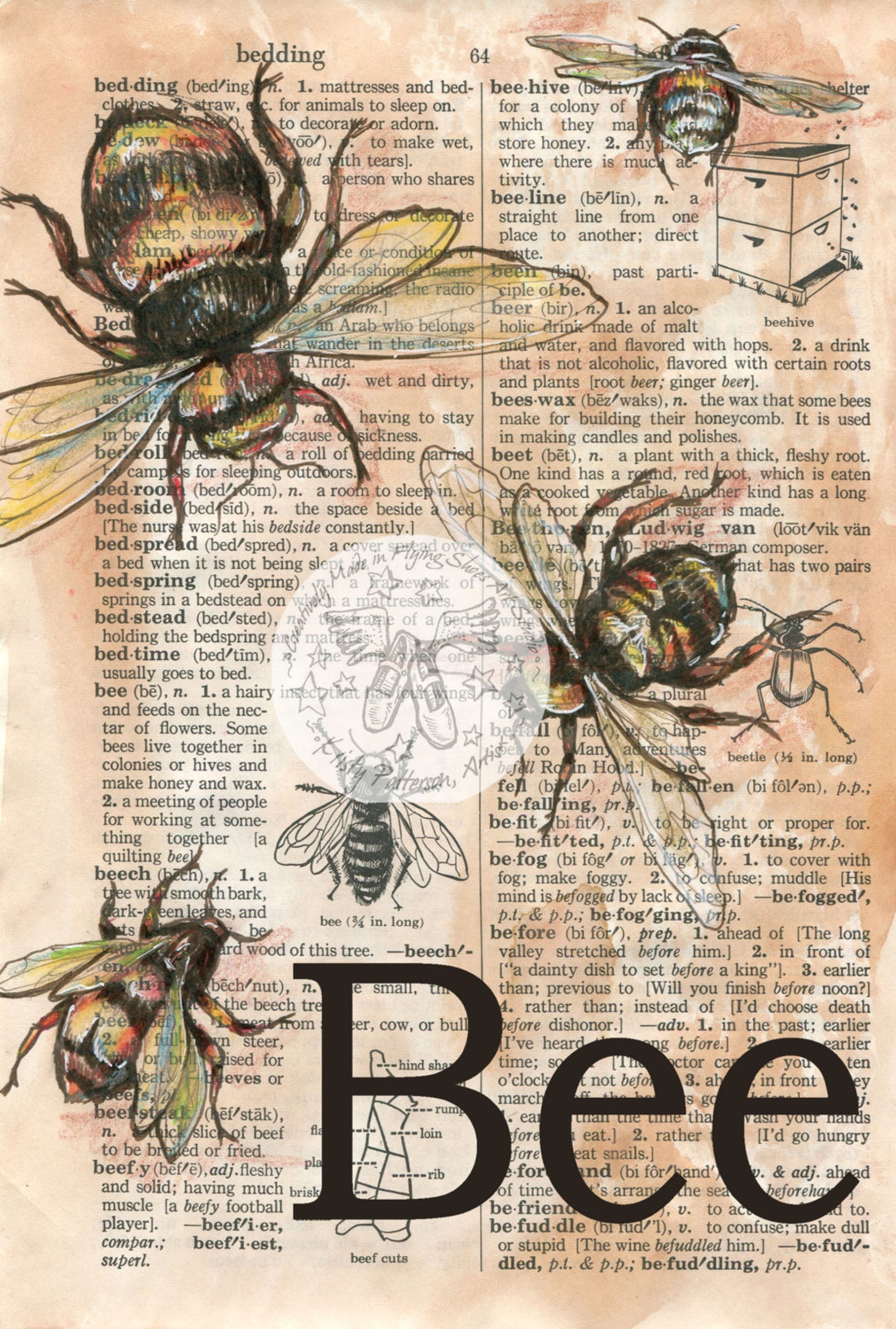 PRINT: Bee Mixed Media Drawing on Distressed, Dictionary Page - Etsy