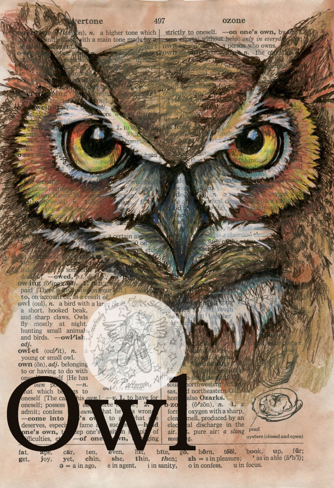 PRINT: Owl Mixed Media Drawing on Distressed, Dictionary Page - Etsy
