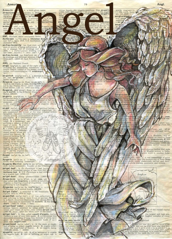PRINT: Angel Mixed Media Drawing on Antique Dictionary Page | Etsy