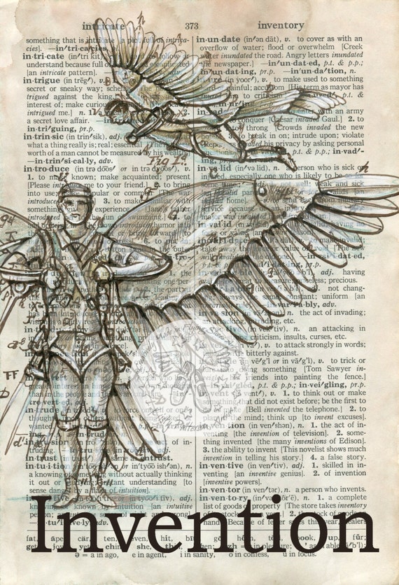 PRINT: Invention Mixed Media Drawing on Distressed Dictionary | Etsy