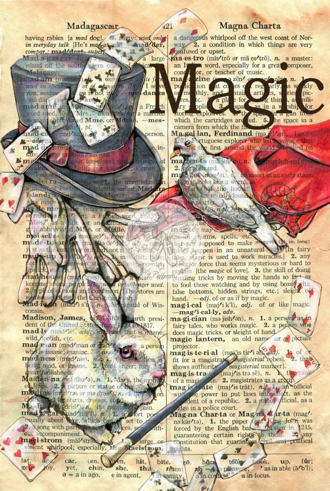 PRINT: Magic Mixed Media Drawing on Distressed, Dictionary Page - Etsy
