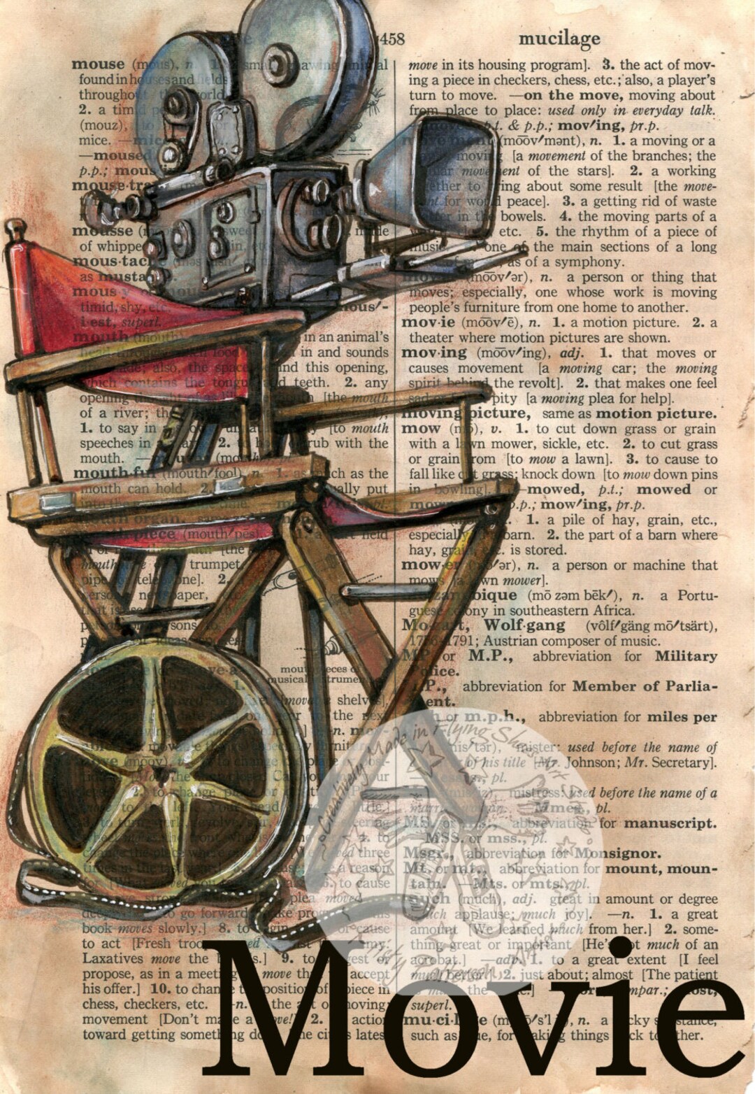 PRINT: Movie Mixed Media Drawing on Distressed, Dictionary Page - Etsy