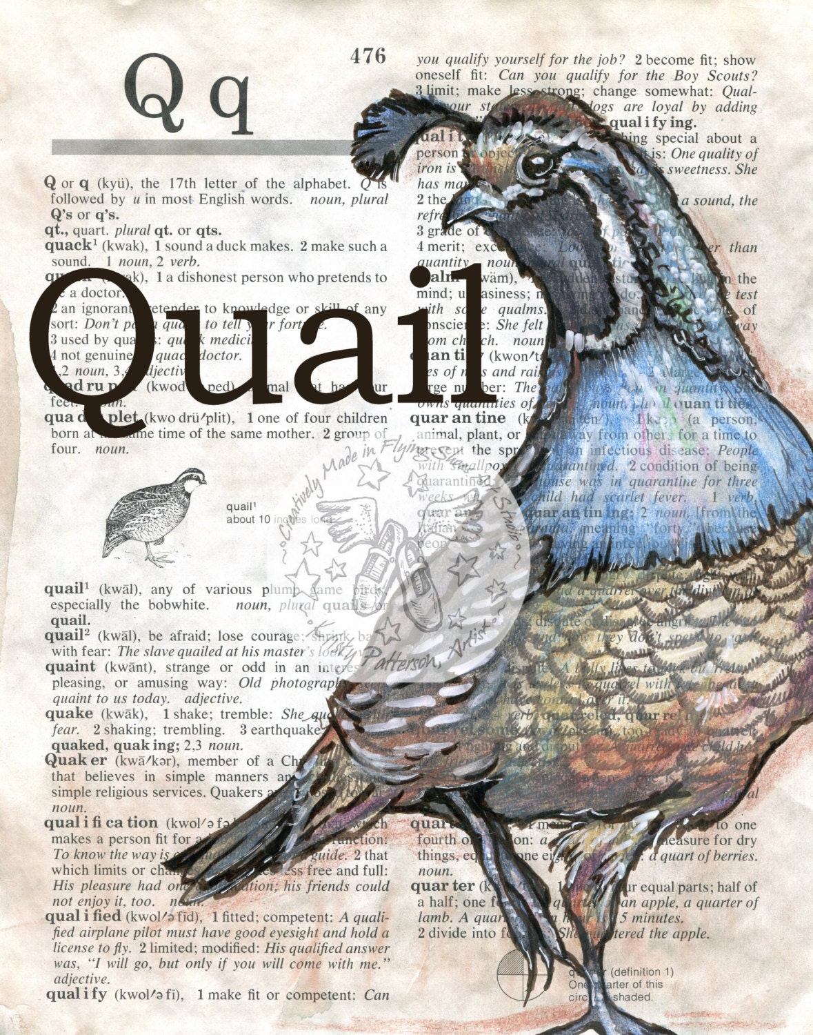 PRINT: Quail Mixed Media Drawing on Antique Dictionary - Etsy