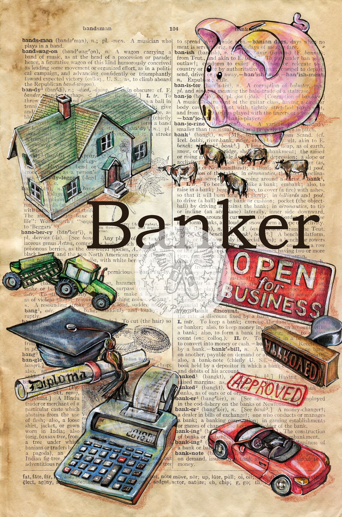 PRINT: Banker Mixed Media Drawing on Antique Dictionary Page - Etsy