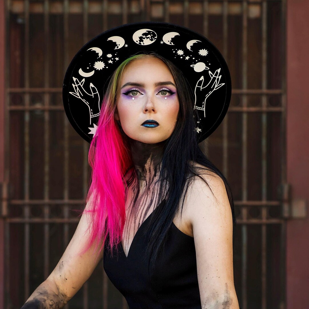 Moon Phase Wide Brim Witch Hat - Cosmic Goth Style - Etsy