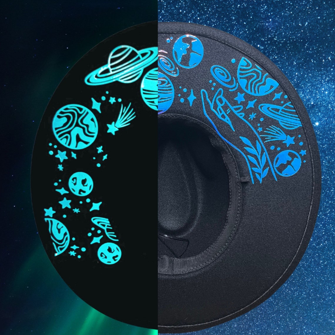 Wide Brim Hat With Planets Wide Brim Moon Fedora Witch Moon - Etsy