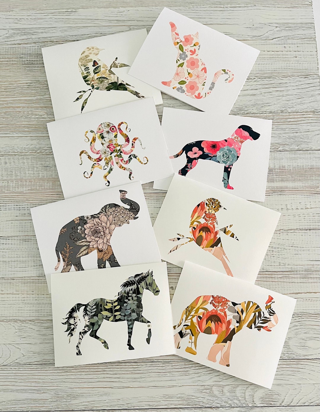Animal Silhouette Note Cards - Set of 10, Watercolor Flower Animal Note ...