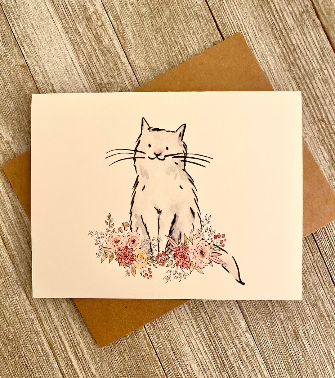 Cat Greeting Card Set/floral Cat Greeting Cards/watercolor Cat in ...