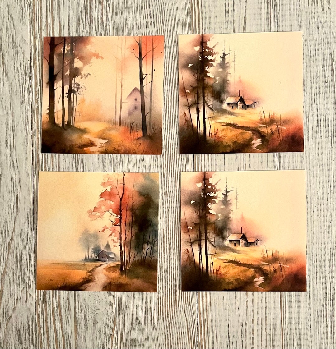 Miniature Fall Watercolor Art Prints: Cabin Scene (3x3) - Etsy
