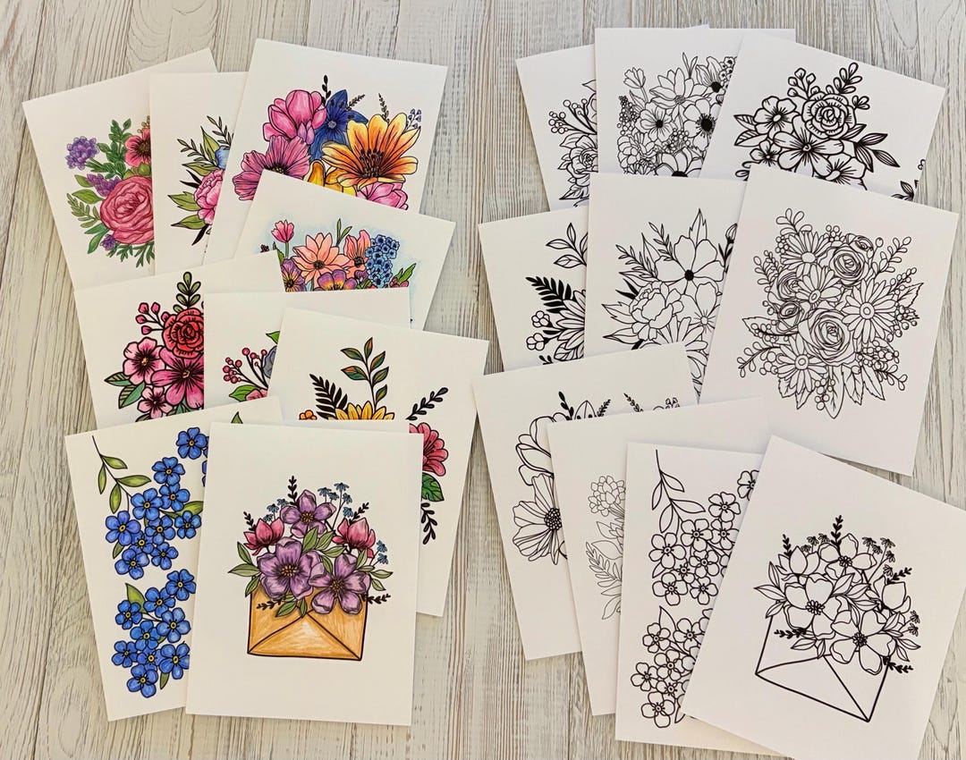 Floral Coloring Cards Set: Adult Coloring, Blank Inside, Kraft ...