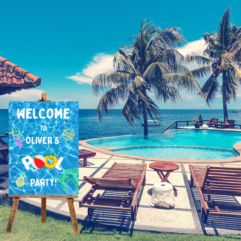 Pool Party Welcome Sign Canva Template, Neon Theme Summer Party Decor ...