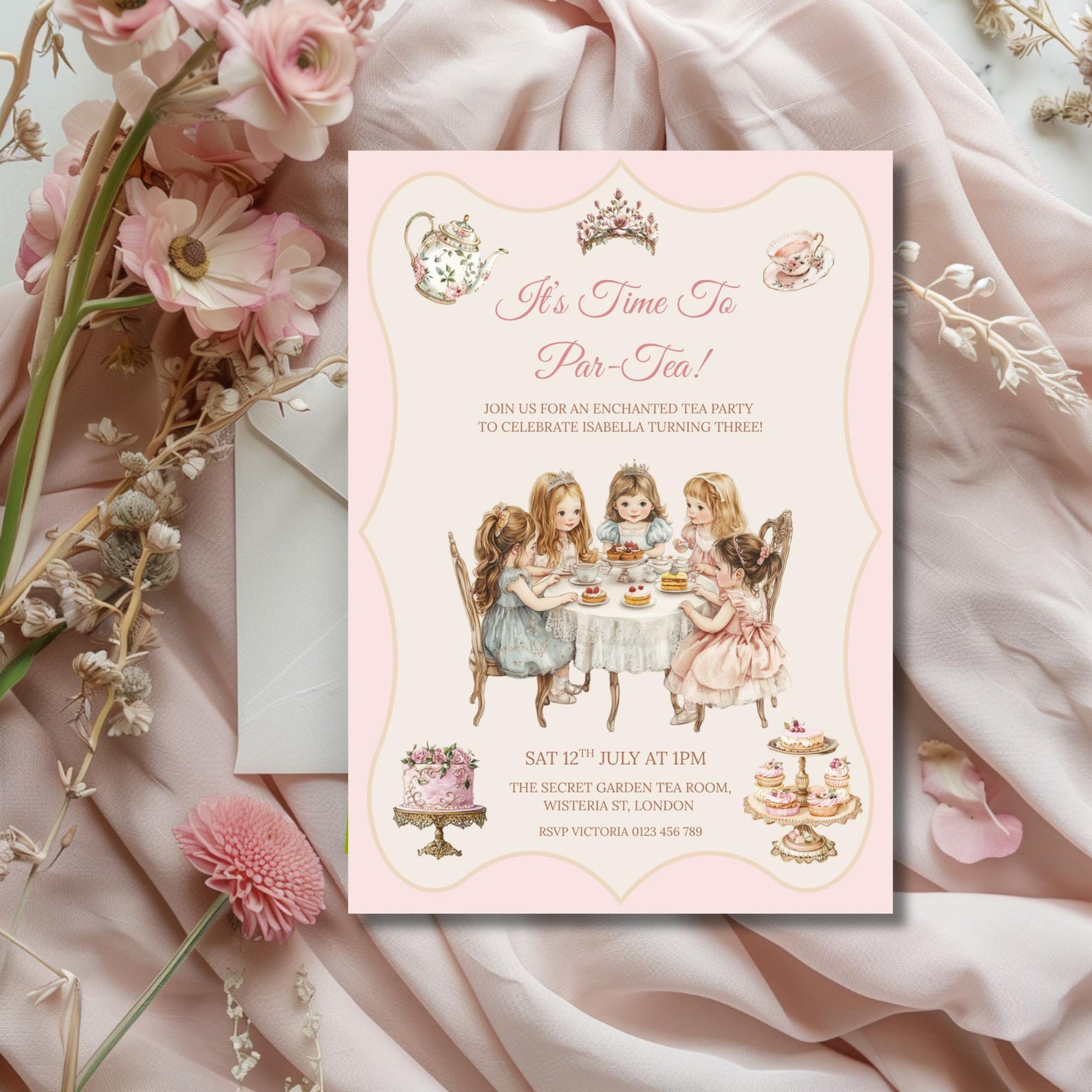 Tea Party Birthday Invitation Canva Template, Vintage Princess Child's ...