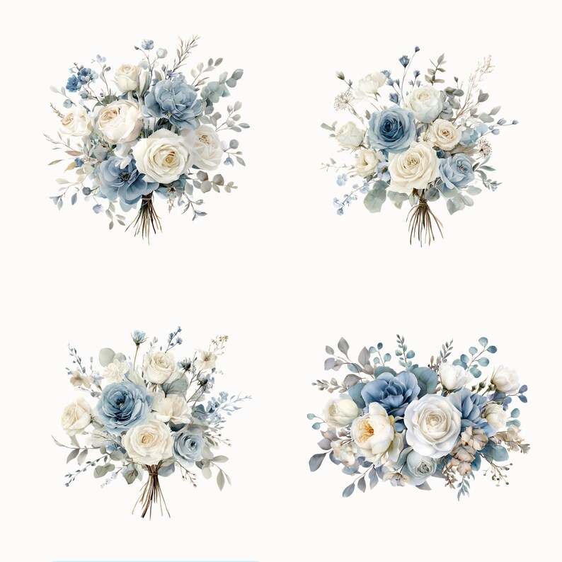 Vintage Dusty Blue & Ivory Roses Clipart | Watercolor Dusty Blue and ...