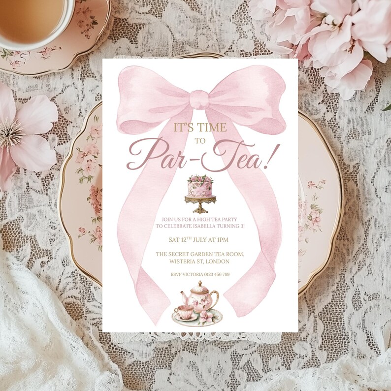 Bow Tea Party Birthday Invitation Canva Template, Coquette Pink Bow ...