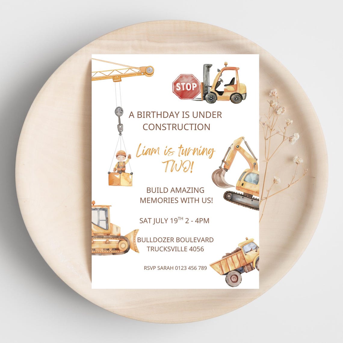 Construction Birthday Party Invitation Canva Template, Digger Crane ...
