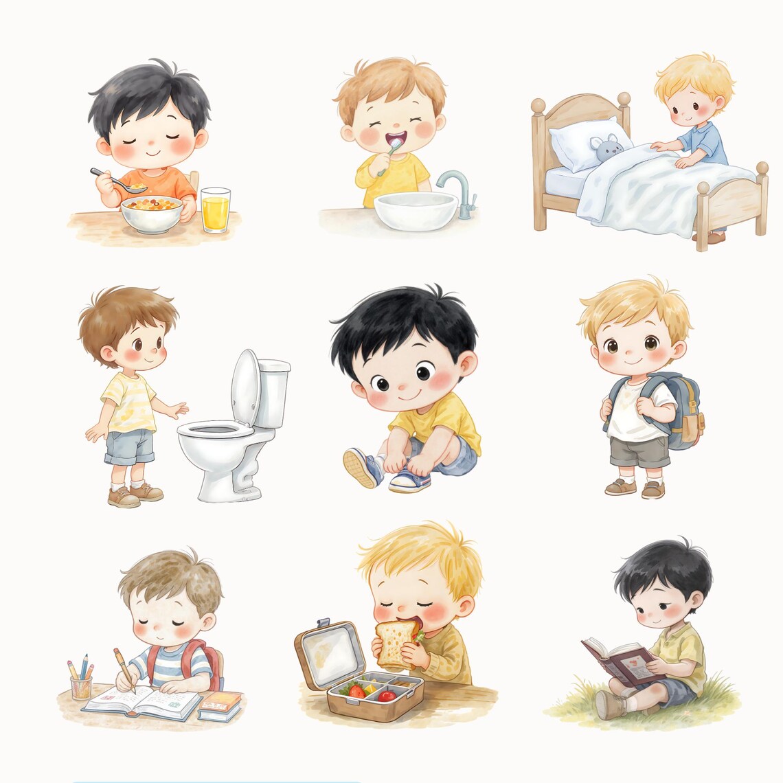 Boy's Daily Routine Watercolor Clipart | Kids Daily Activities Clipart ...