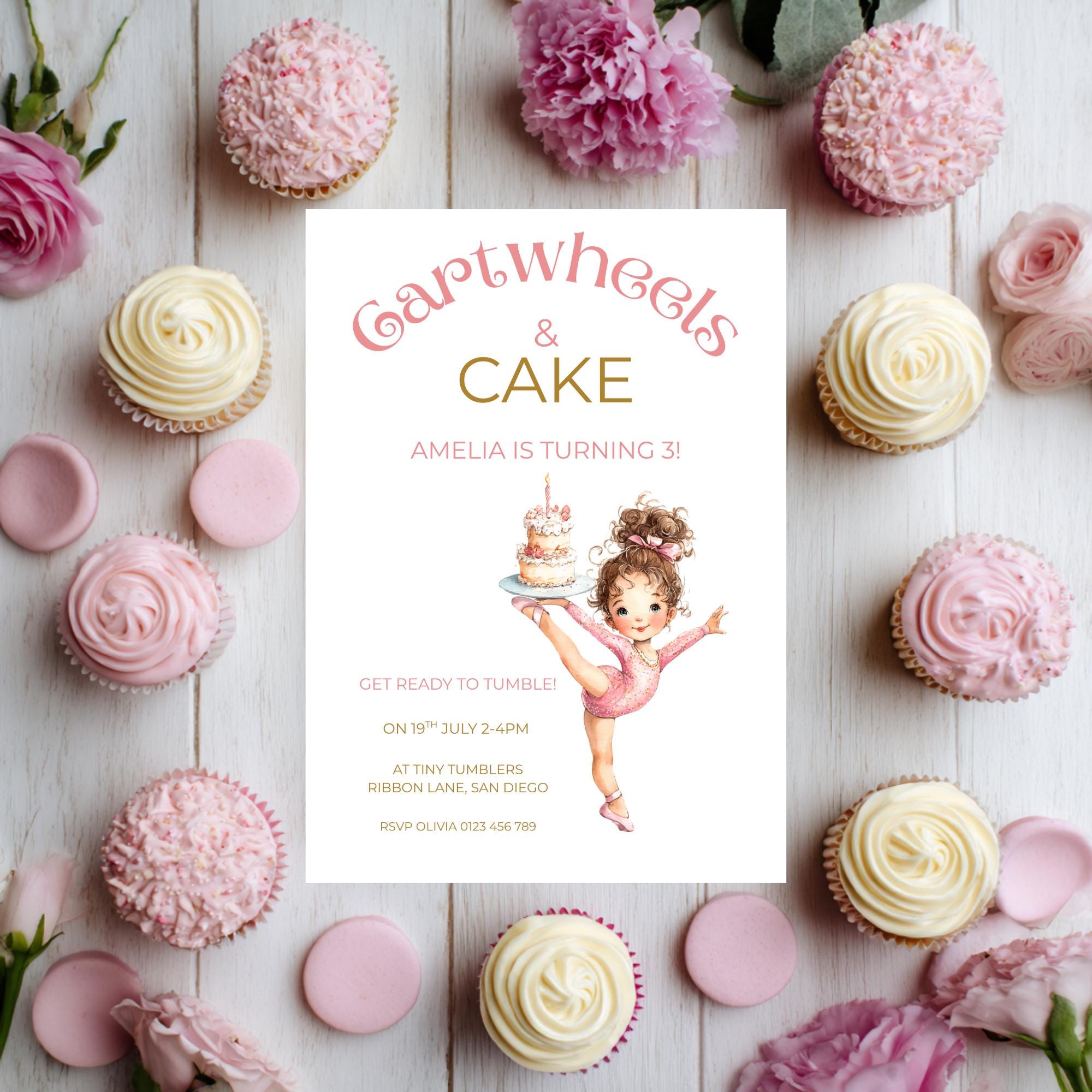 Gymnastics Birthday Party Invitation Canva Template, Cartwheels & Cake ...