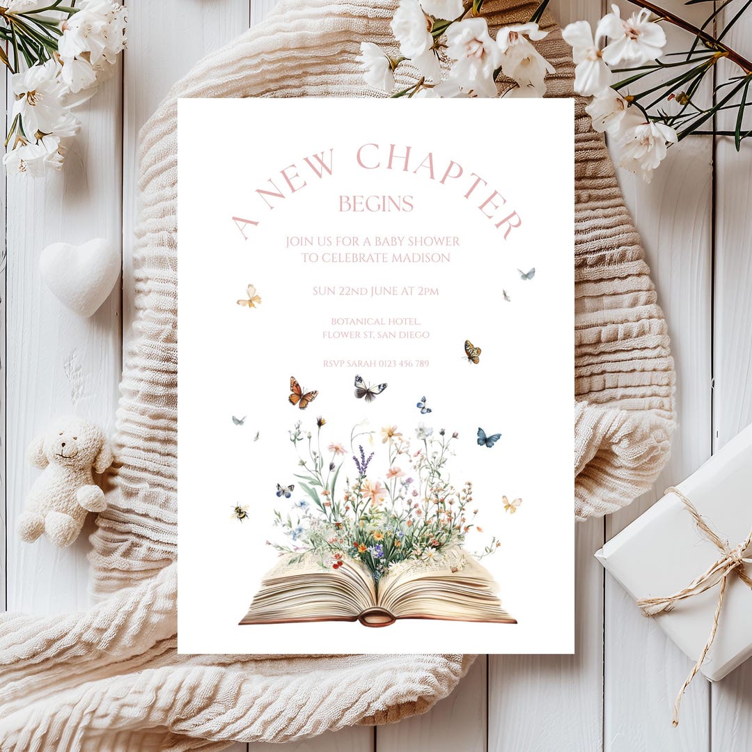 A New Chapter Begins Baby Shower Invitation Template, Baby Girl Wildflowers & Butterflies ...