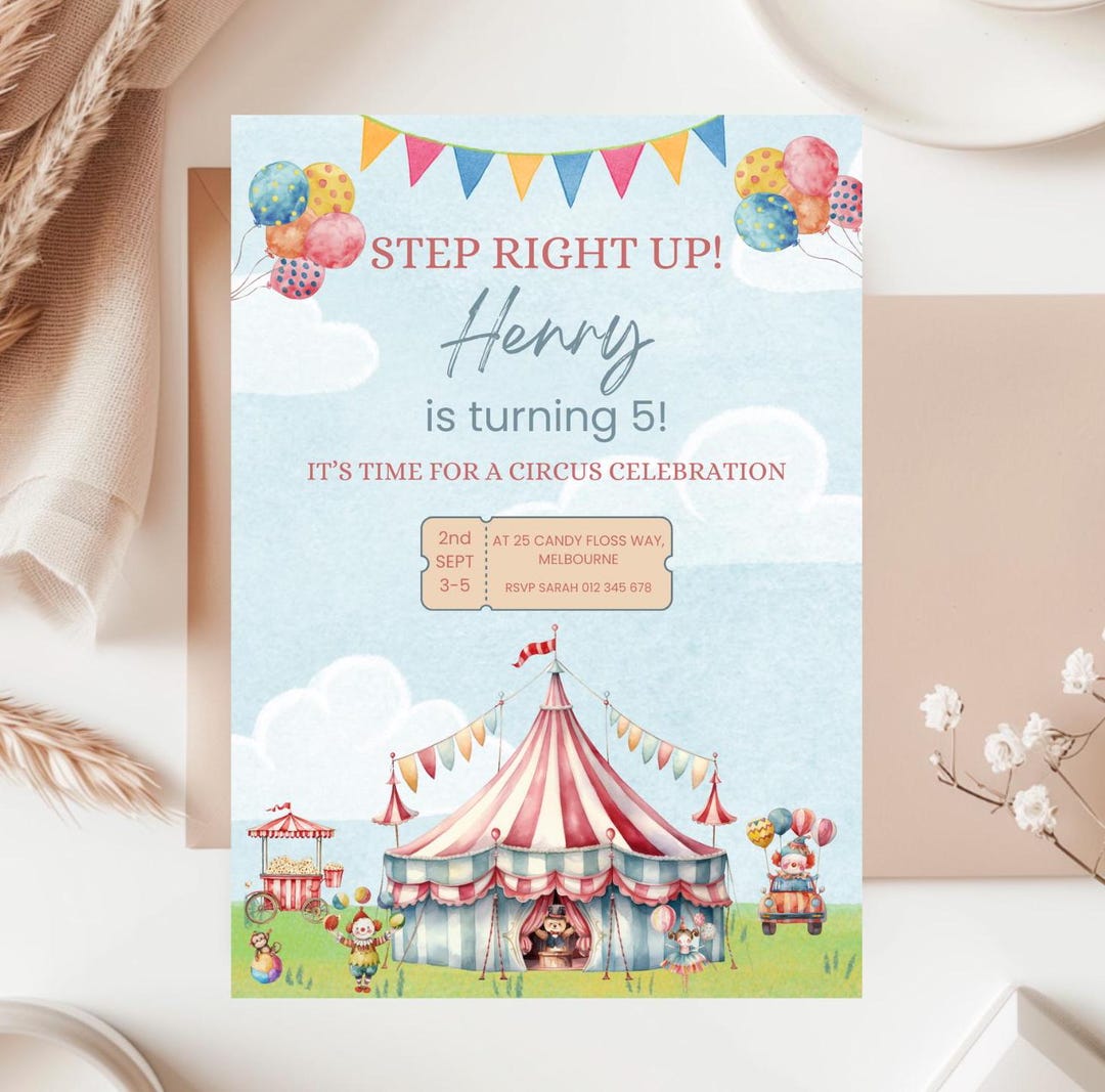 Personalized Circus Carnival Gender Neutral Kids Digital Birthday Party ...