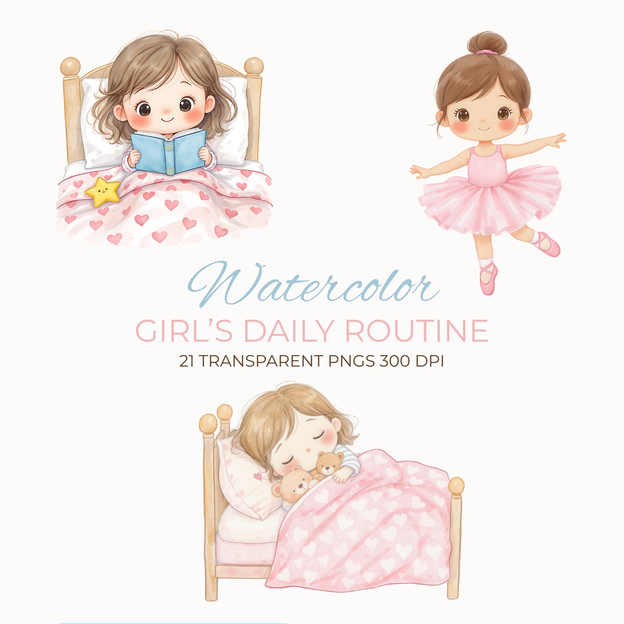 Girl's Daily Routine Watercolor Clipart | Kids Daily Activities Clipart ...