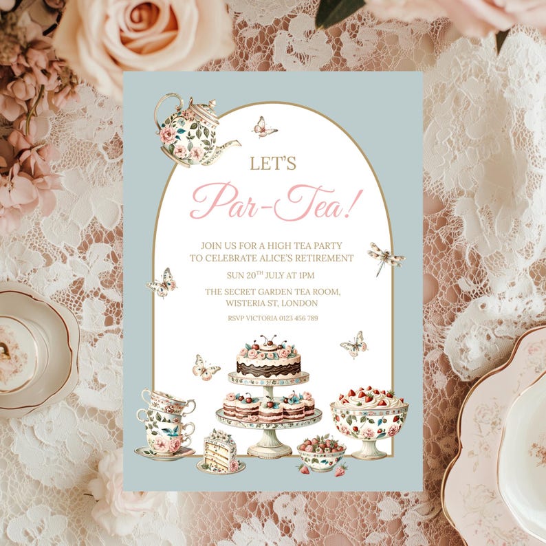 High Tea Retirement Lunch Party Invitation Canva Template, Par-tea ...