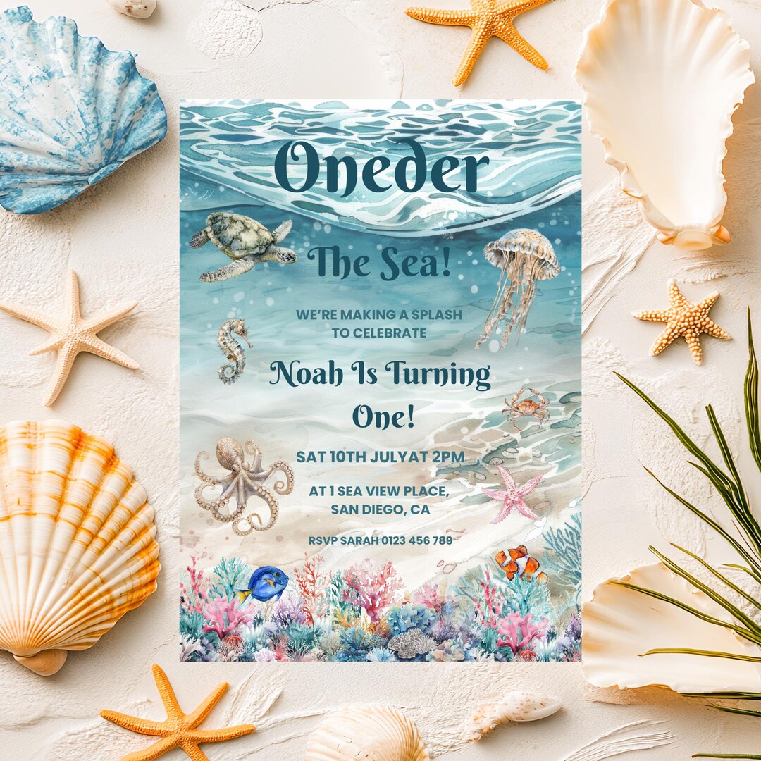 Oneder the Sea Birthday Invitation Canva Template, Ocean Under the Sea ...