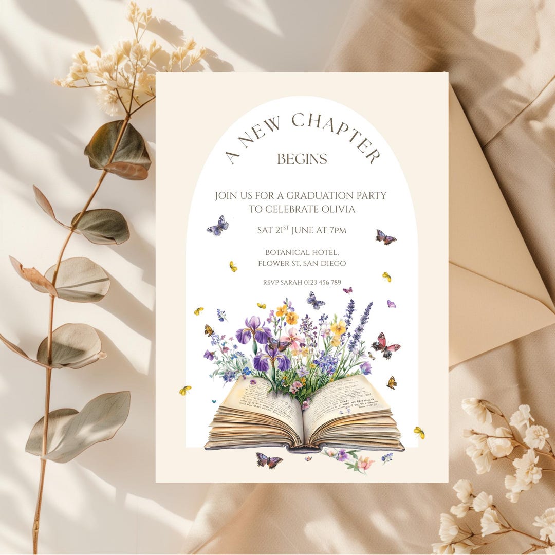 A New Chapter Begins Graduation Invitation Template, Wildflowers, Book ...