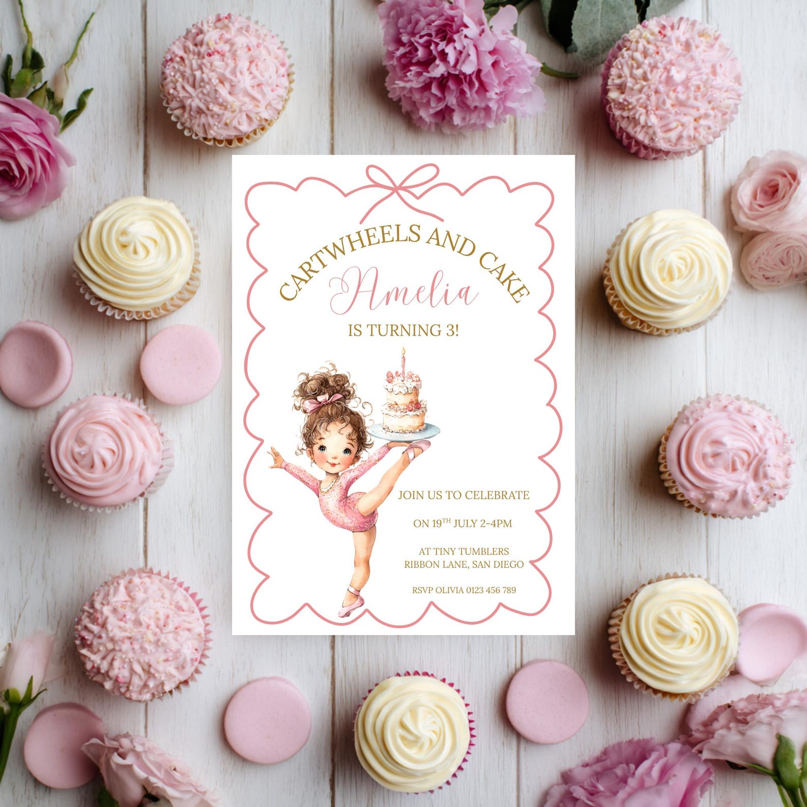 Gymnastics Birthday Party Invitation Canva Template, Pink Bow Editable ...