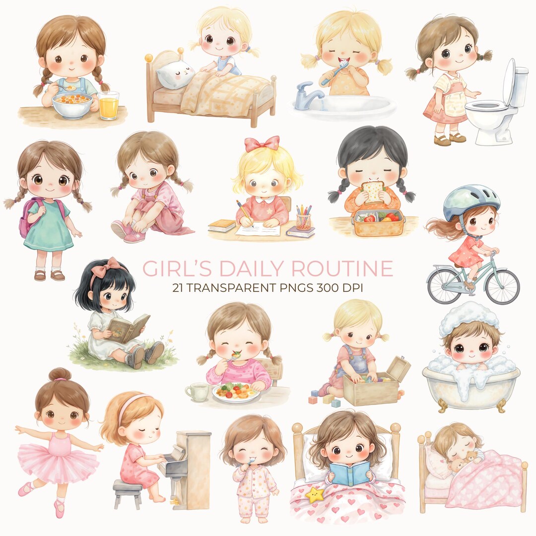 Girl's Daily Routine Watercolor Clipart | Kids Daily Activities Clipart ...