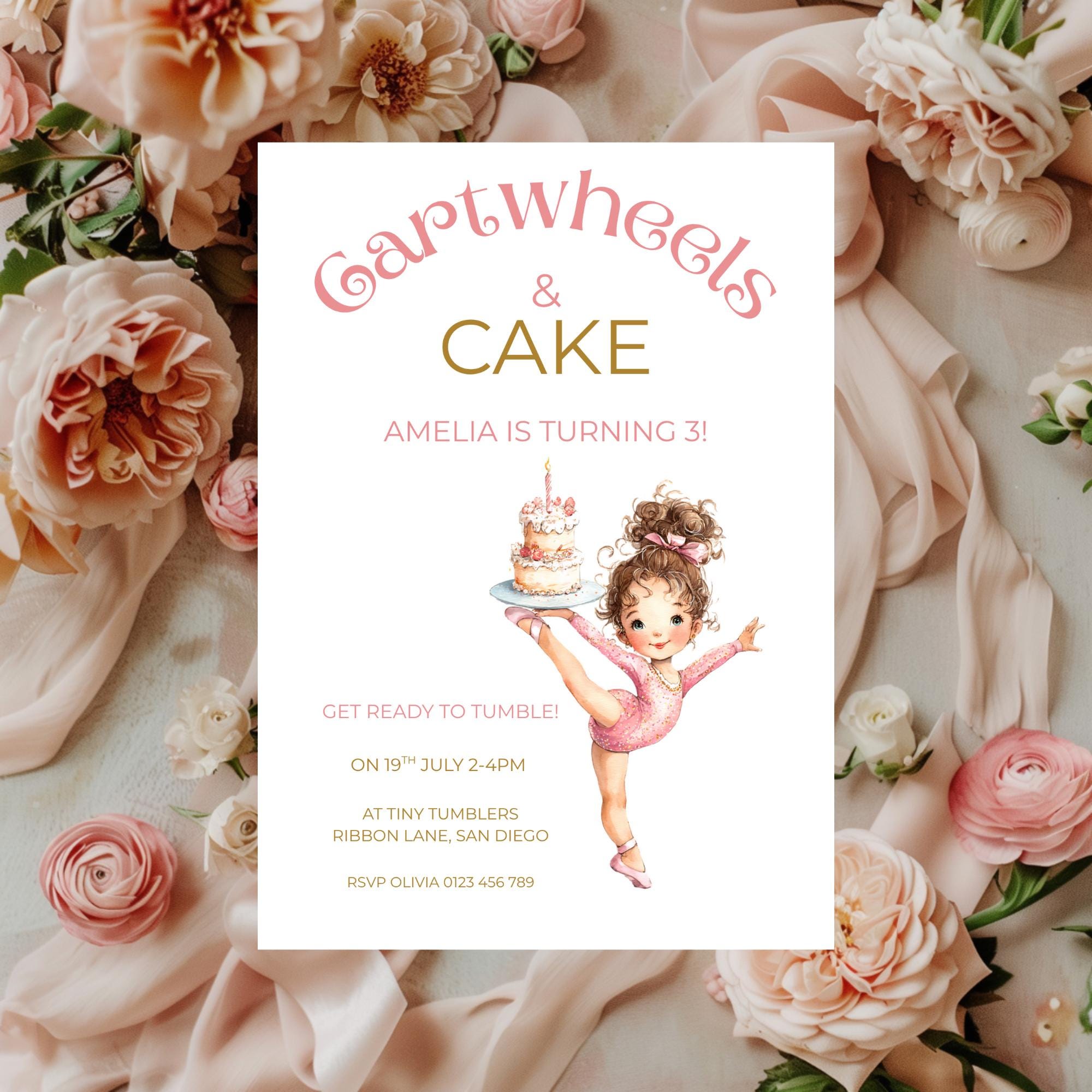 Gymnastics Birthday Party Invitation Canva Template, Cartwheels & Cake ...