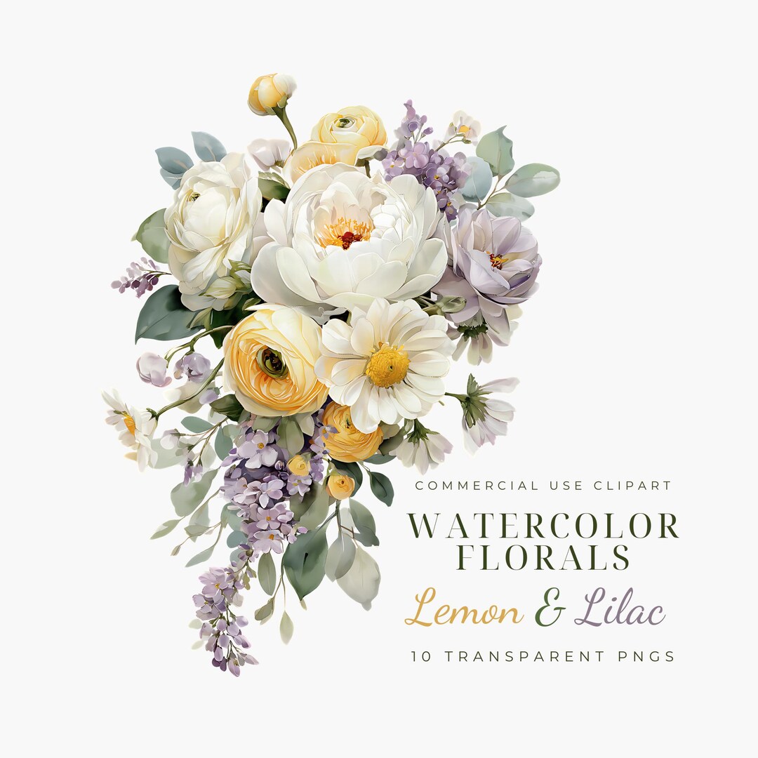 Watercolor Lemon & Lilac Floral Clipart Pack | 10 Trailing Flower ...